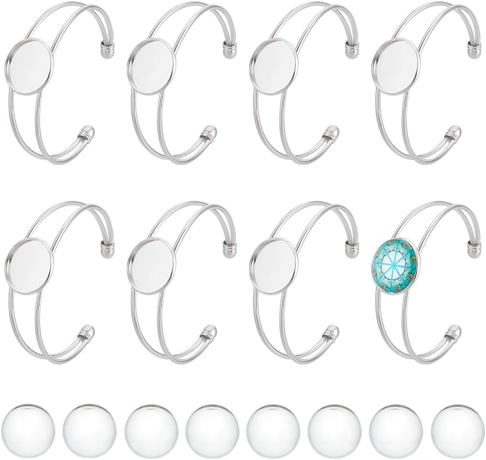 8Pcs Bezel Tray Blank Bangle Silver Adjustable Bezel Bracelets Cabochon ...