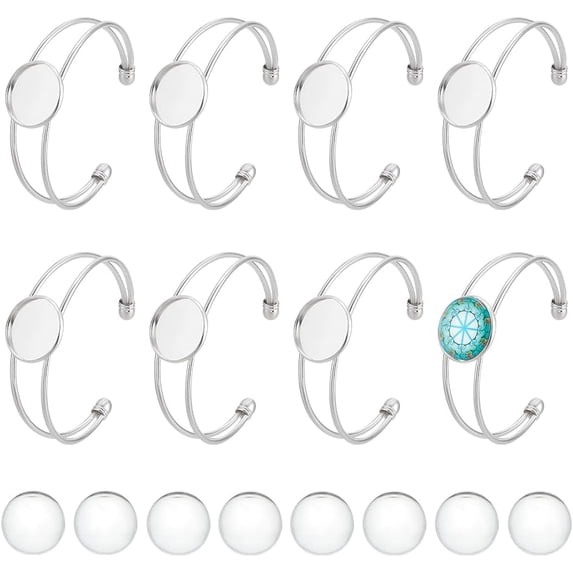 8Pcs Bezel Tray Blank Bangle Silver Adjustable Bezel Bracelets Cabochon ...