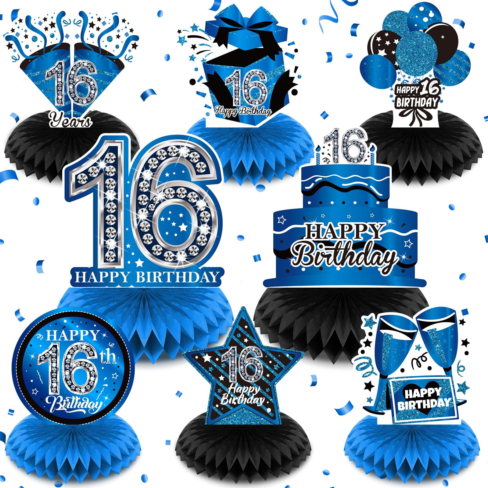 8Pcs Blue 16th Birthday Decorations Blue and Black 16th Birthday Table ...