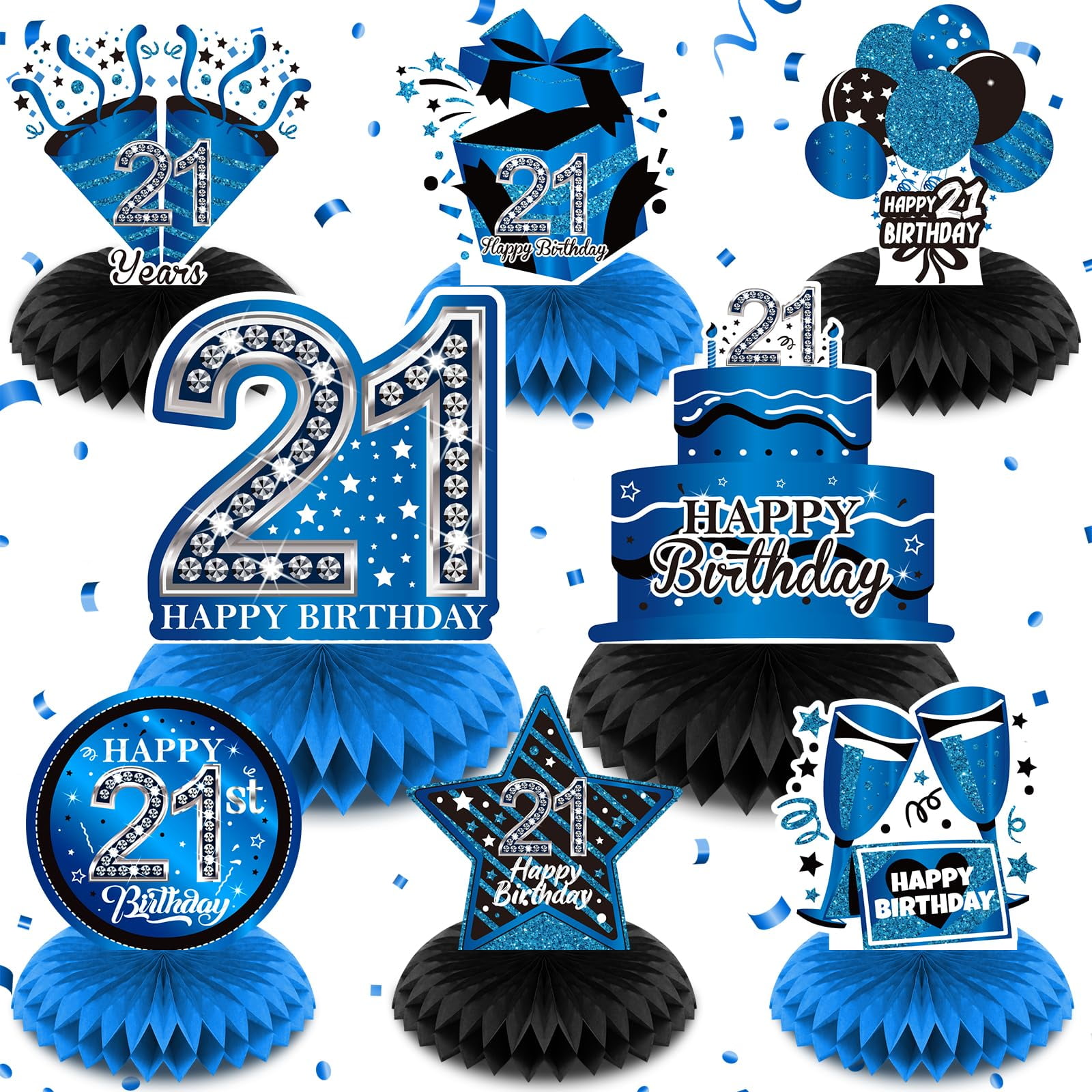 8Pcs Blue Birthday MMF7 Decorations Blue and Black Birthday Table ...