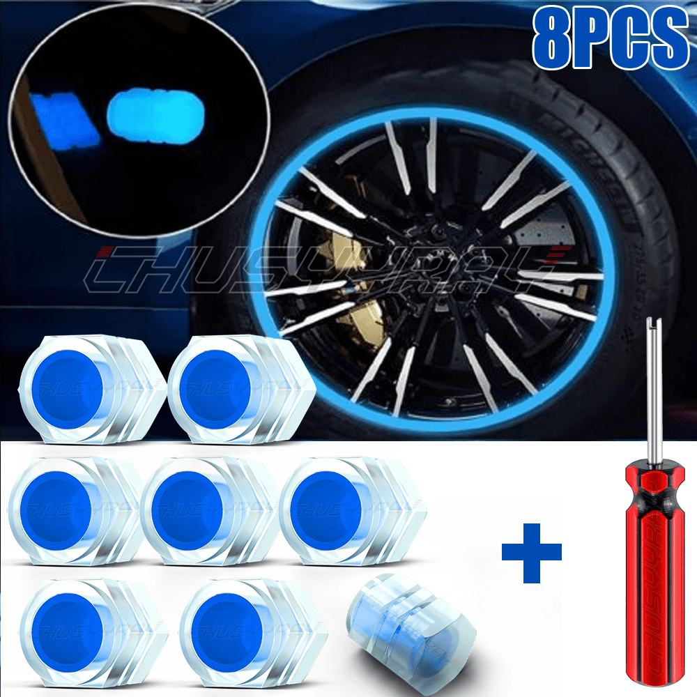 8x Blue Glow in The Dark Car Wheel Tire Tyre Air Valve Stem Caps Cover ...
