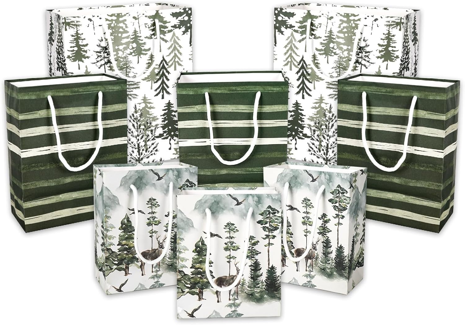 8Pcs Christmas Forest Paper Gift Bags Watercolor Woodland Tree Deer ...