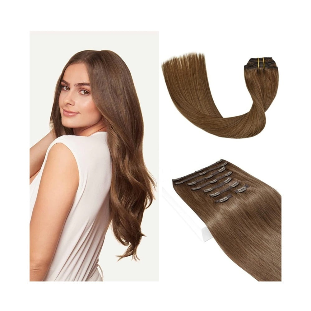 8Pcs Clip in Human Hair Extensions #6 Chestnut Brown Double Weft Thick ...