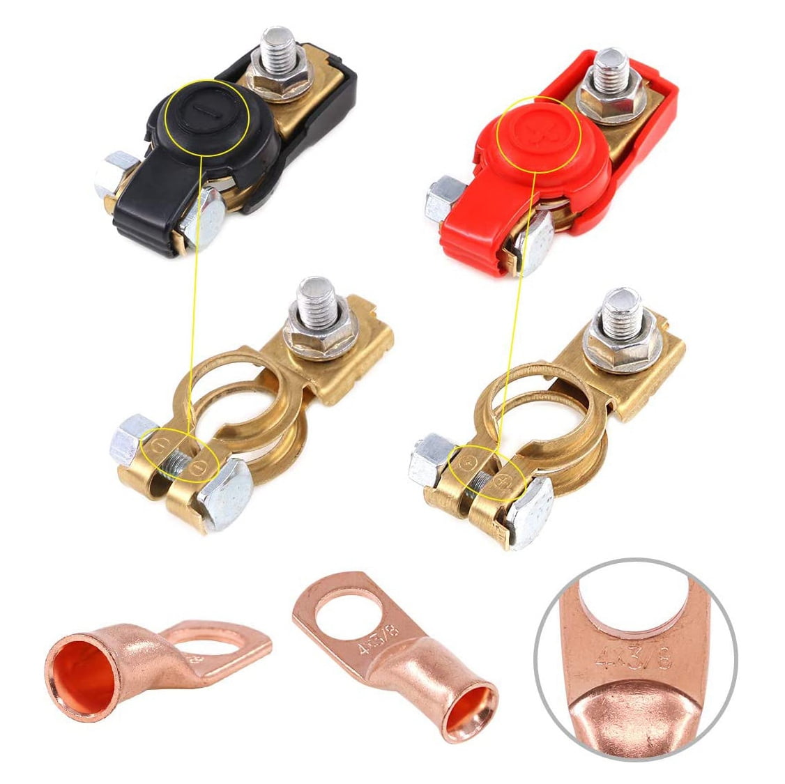 8Pcs Copper Battery Terminals Negative and Positive Terminal Clamps Connectors with Copper Ring ...