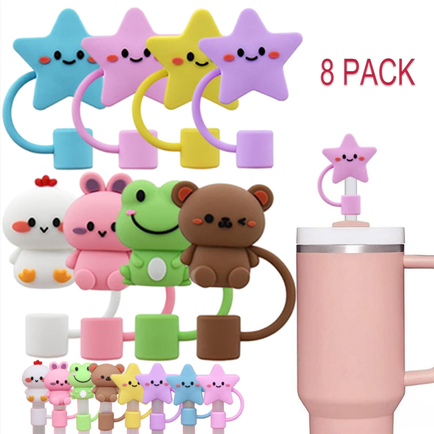8Pcs Cute Cartoon Star Straw Covers for Stanley 30/40oz Tumbler Cups ...