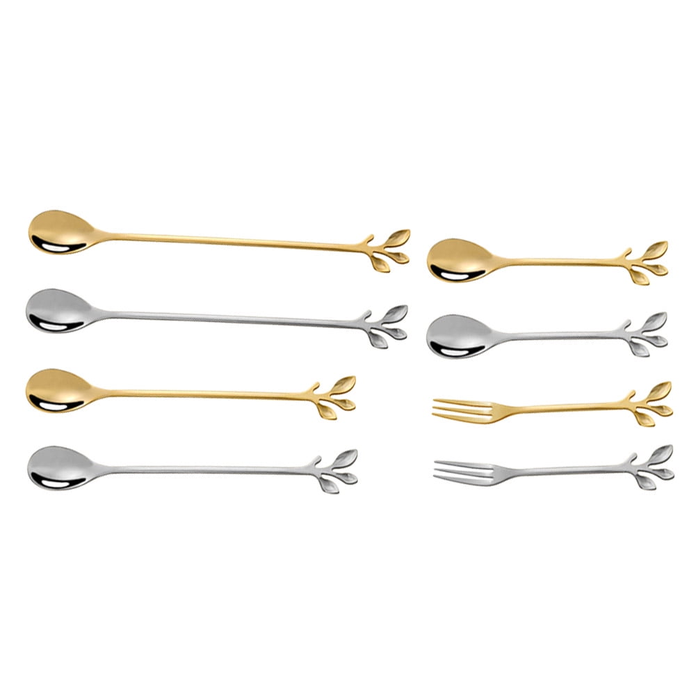 8Pcs Cutlery Set Nordic Style Stainless Steel Spoon and Fork Set Leaf ...