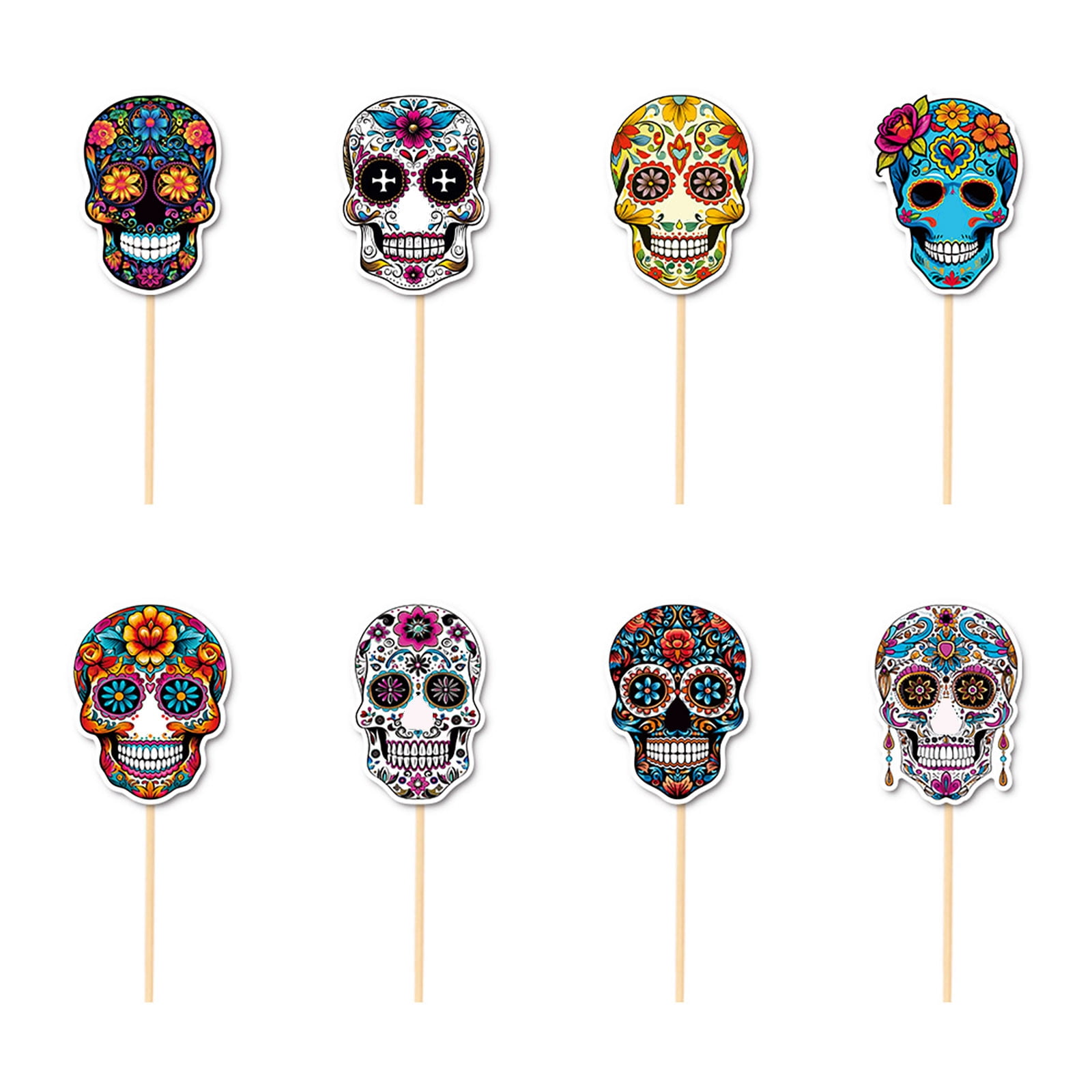 8Pcs Day of The Dead Cupcake Toppers Decorations Halloween Sugar Skull ...