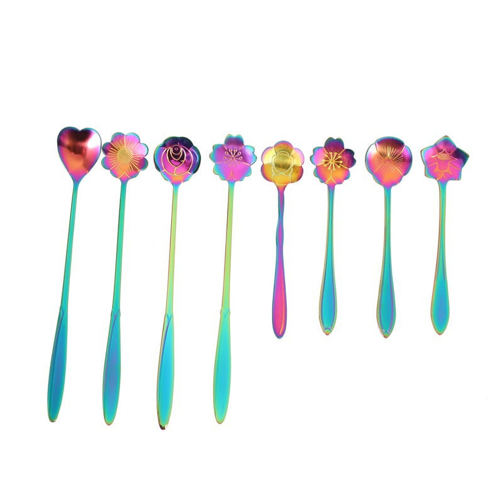 8Pcs Flower Spoon Set, 2 Different Size Colorful Stainless Steel Teaspoons Rainbow Coffee ...
