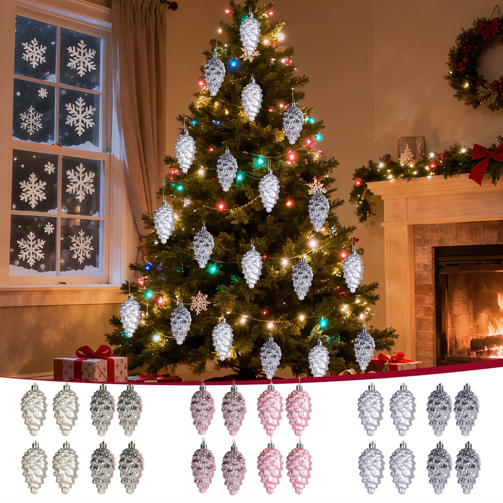 8pcs Glitter Christmas Pinecone Ornaments Hanging Pine Cone Painted