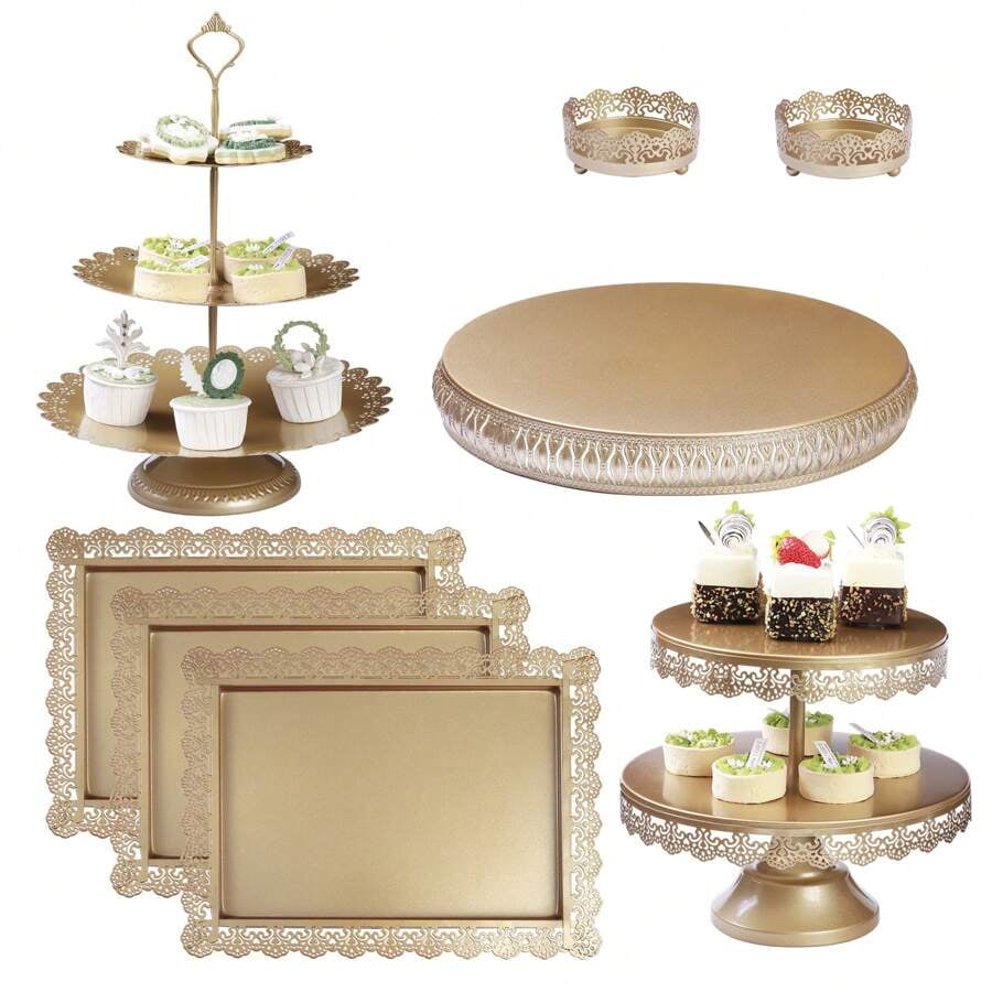 8Pcs Gold Cake Stand Set, 14 Inch Round Metal Cake Stand With 50lb ...