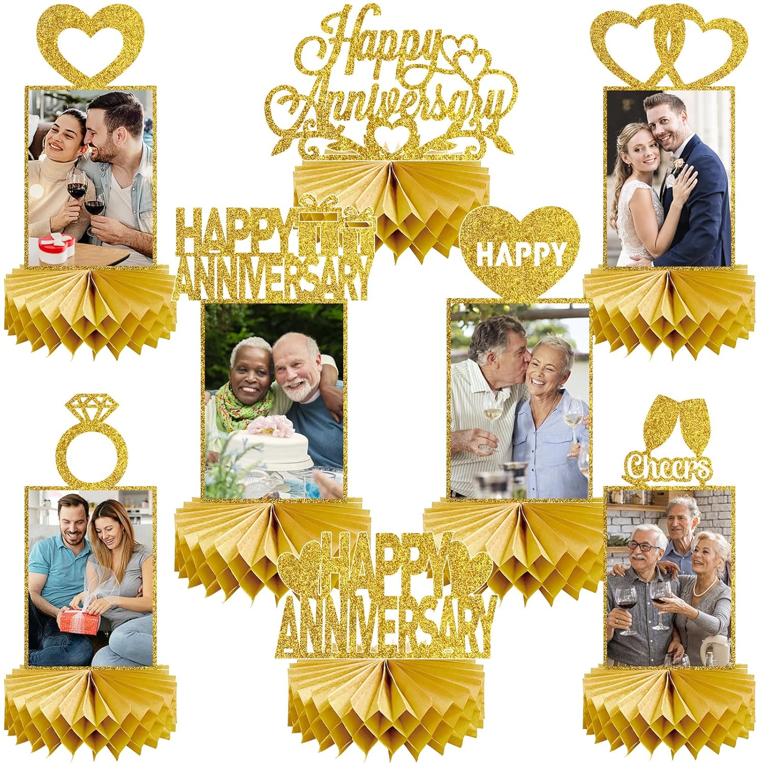 8Pcs Gold Happy Wedding Anniversary Decorations Honeycomb Centerpiece ...