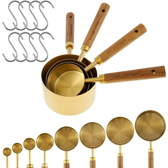 Gold Measuring Cups and Spoons Set, 8 PCS Measuring Cups Wooden Handle ...