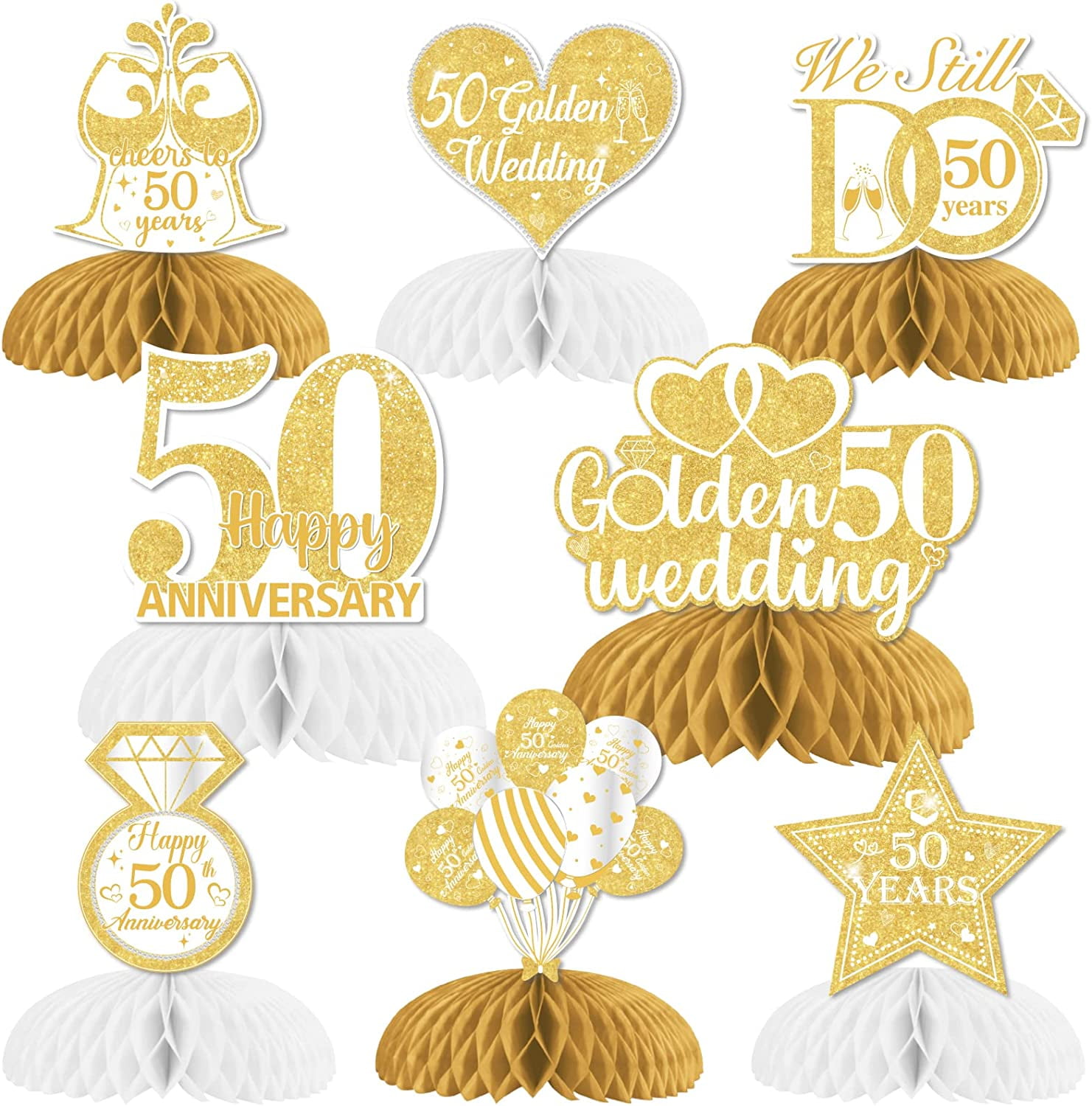 8Pcs Golden Wedding Anniversary Table Decorations, Honeycomb ...