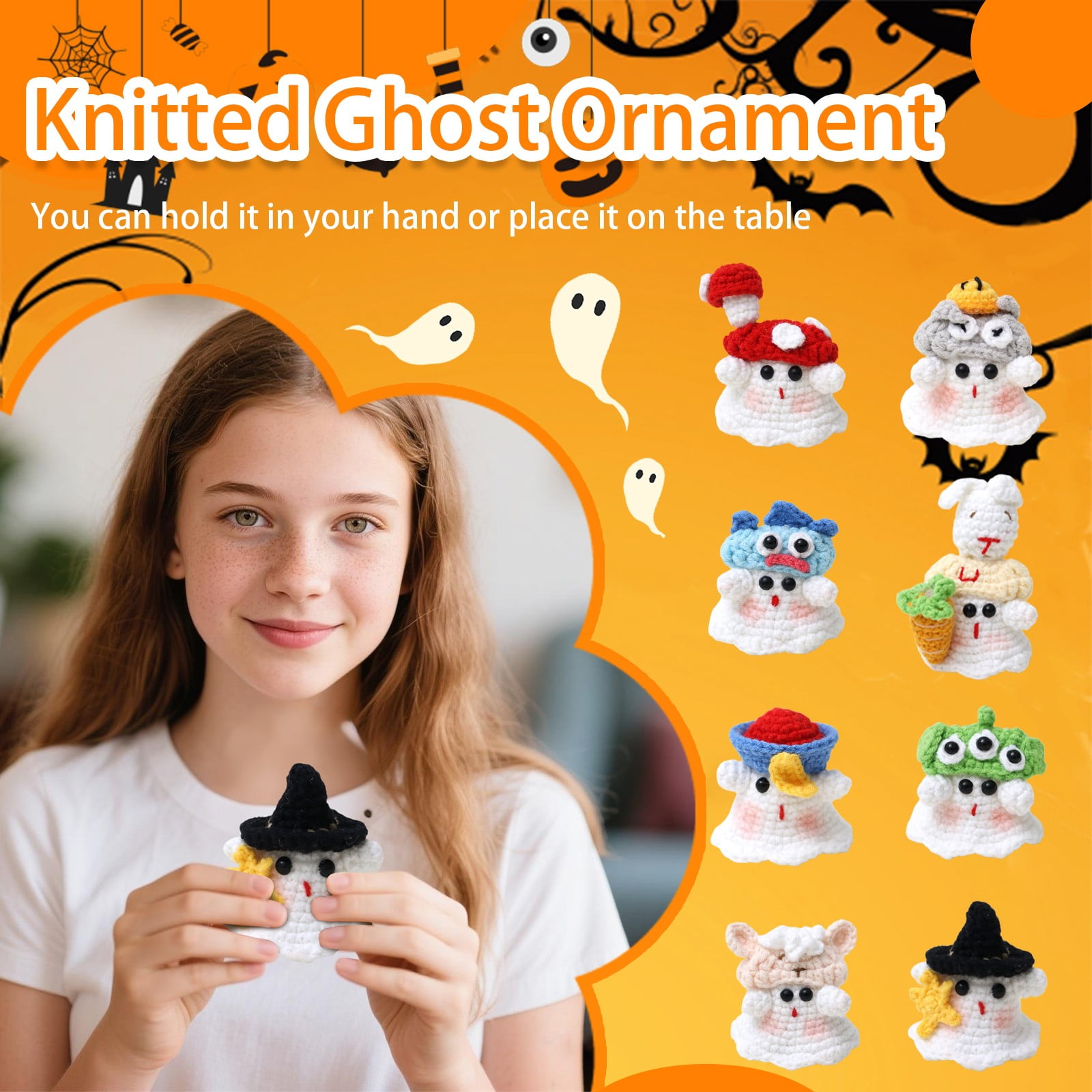 8Pcs Halloween Cute Ghost Handmade Wool Knitting Ornament, Halloween ...