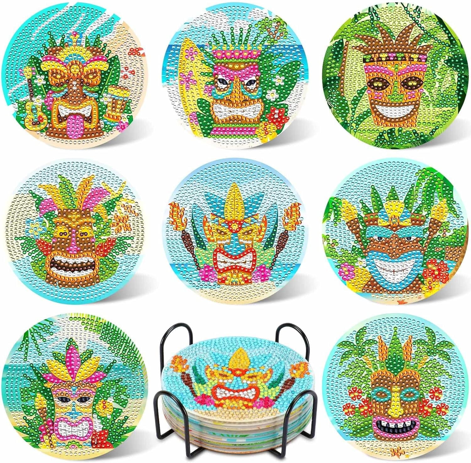 8Pcs Hawaiian Tiki Diamond Painting Coasters for Drinks DIY Coaster ...
