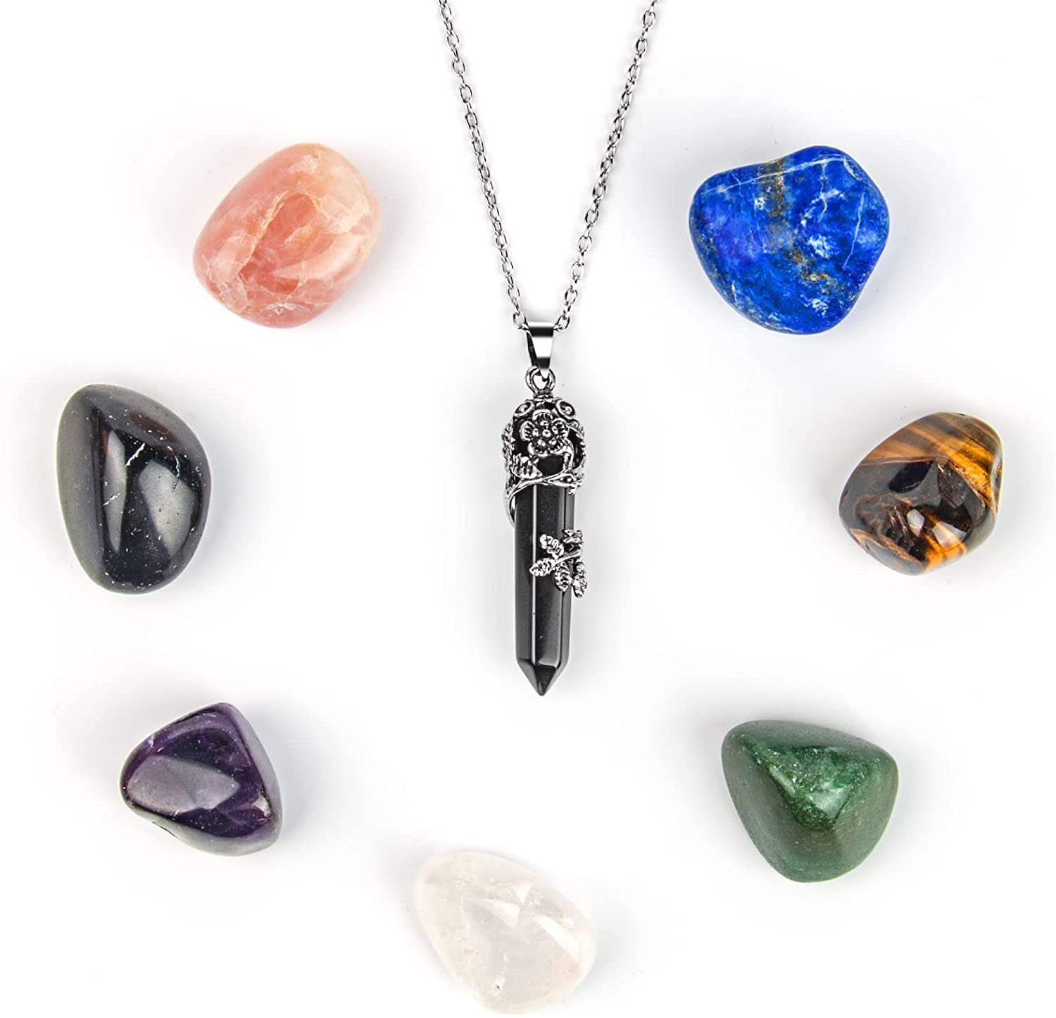 8Pcs Healing Stones Set,Black Crystal Pillar Necklace,Healing Crystals ...