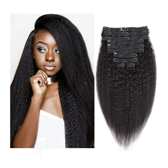 8Pcs Kinky Straight Clip In Human Hair Extensions Remy Hair Full Head ...