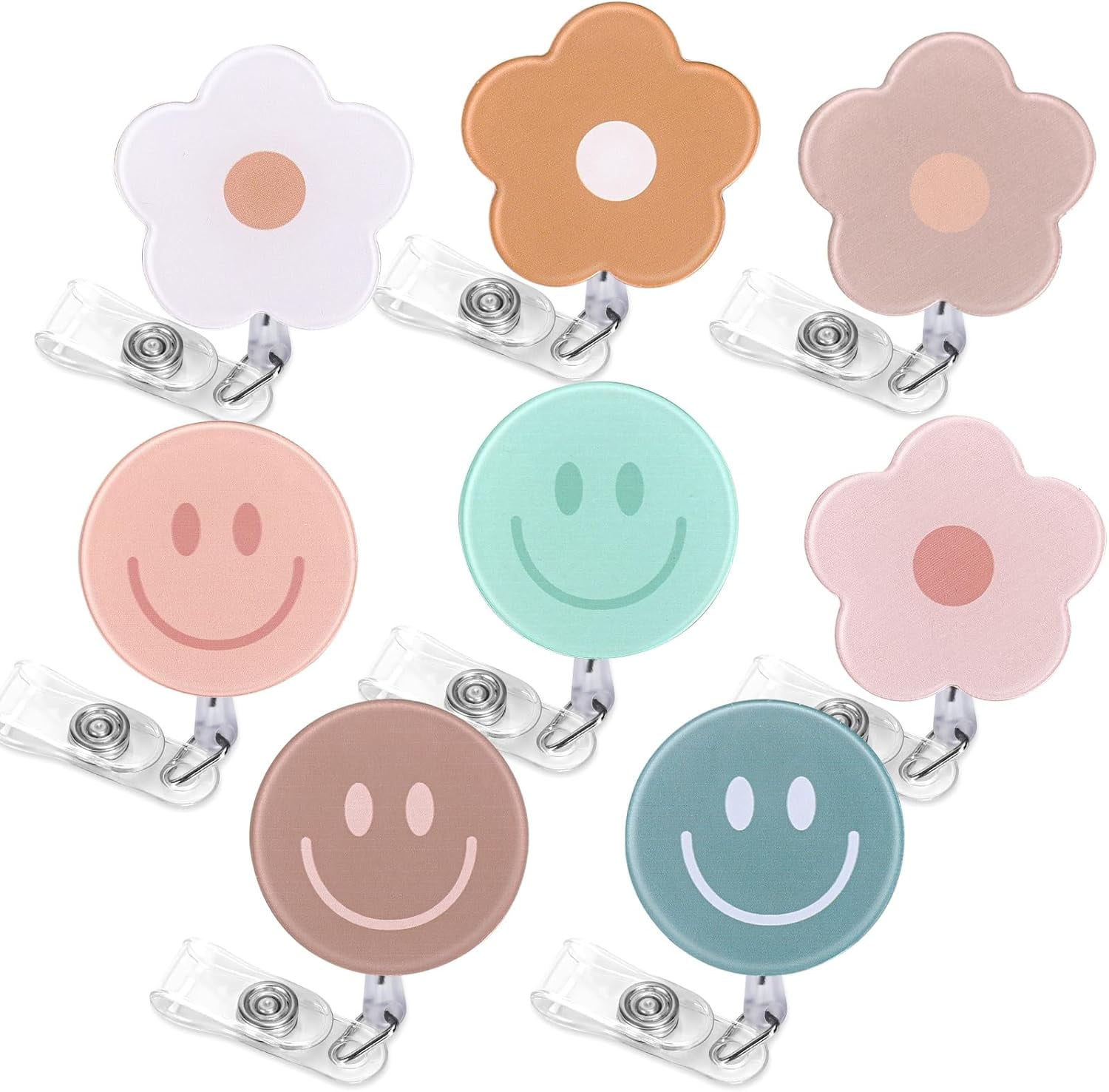 8Pcs Light Boho Flower and Smile Acrylic Retractable Badge Holder with ...