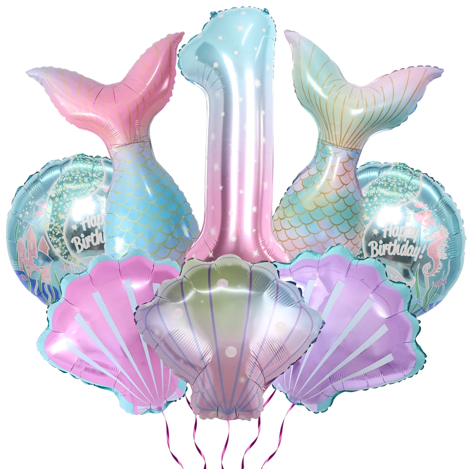 8Pcs Mermaid Party Decorations Balloons - Large Number 1 Balloon, Foil ...