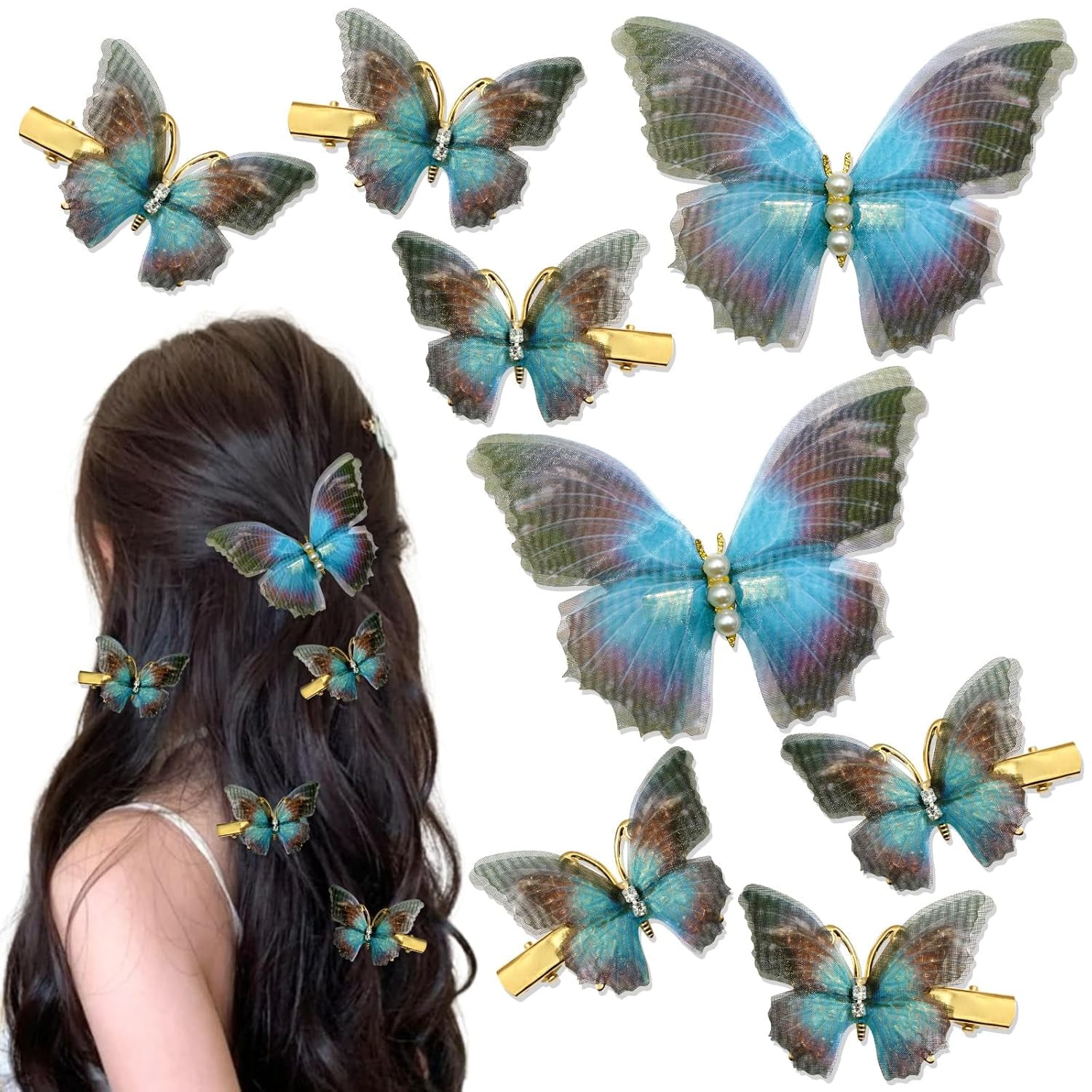 8Pcs Rhinestone Butterfly Hair Clips for Women Moving Wings Butterfly ...