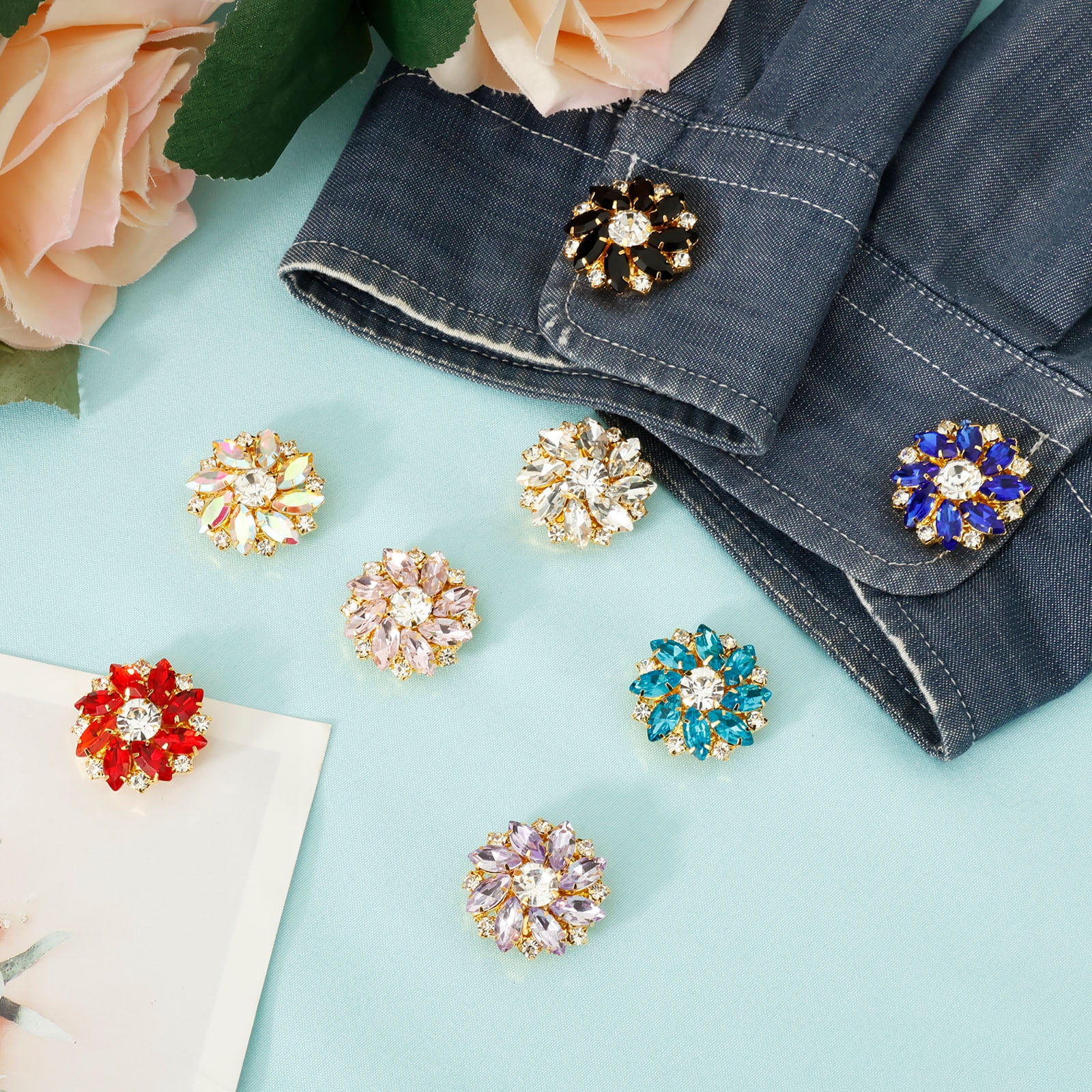 8Pcs Rhinestone Flower Button Cover Decorative Faux Crystal Shirt ...
