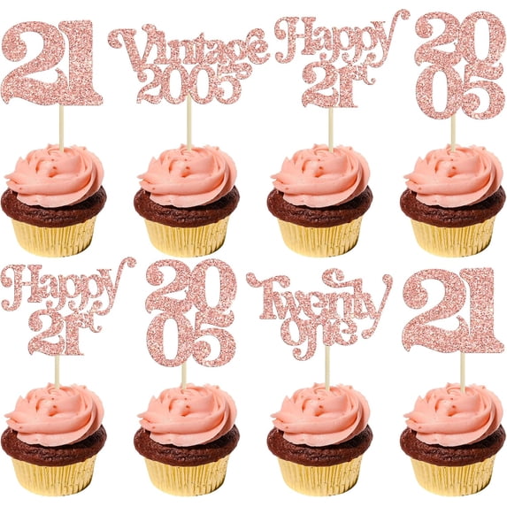 8Pcs Rose Gold Glitter 21st Birthday Cupcake Toppers, Vintage 2005 ...
