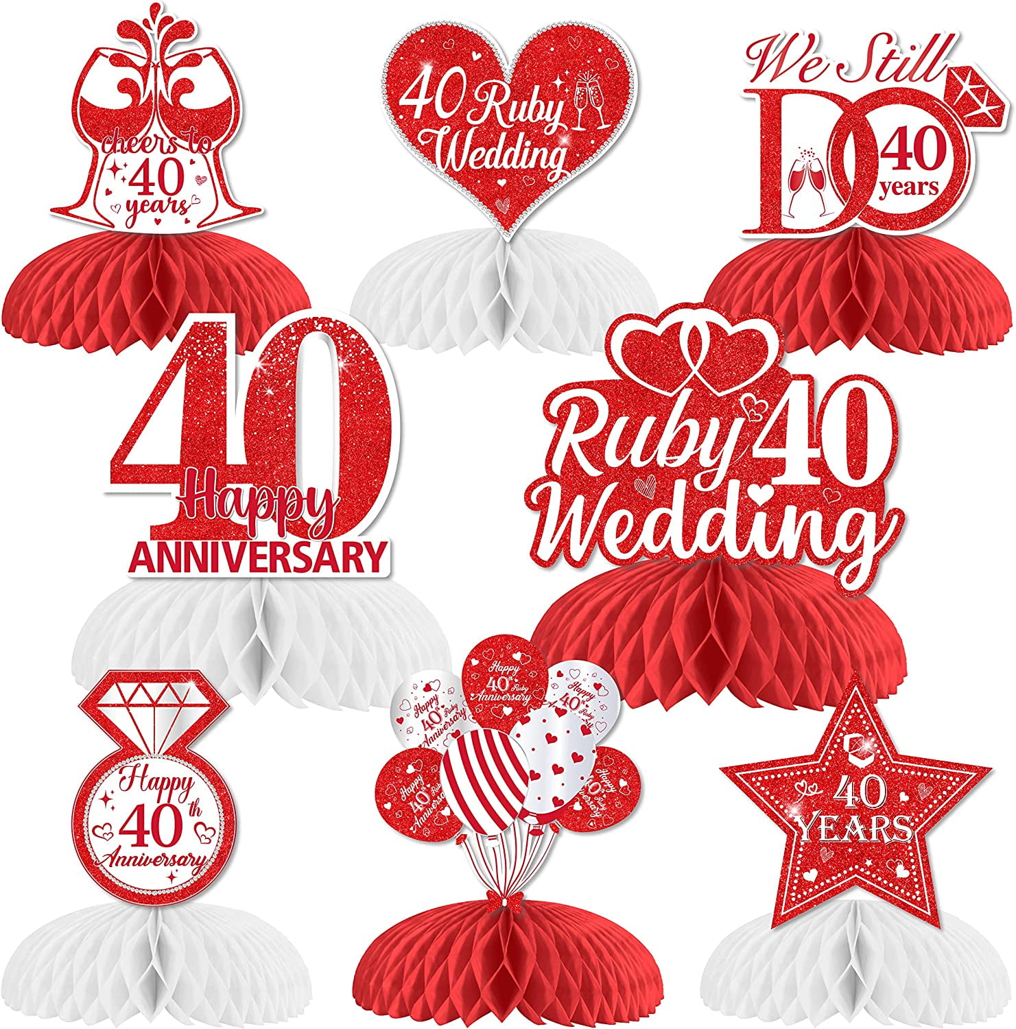 8Pcs Ruby Wedding Anniversary Table Decorations, Honeycomb Centerpieces ...