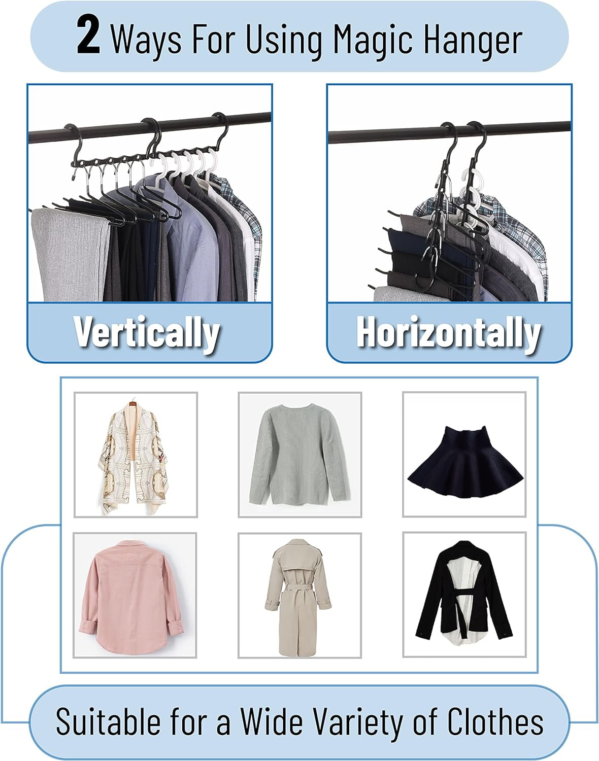 8Pcs Space Saving Hangers for Clothes, Multi-Functional Closet Hanger ...