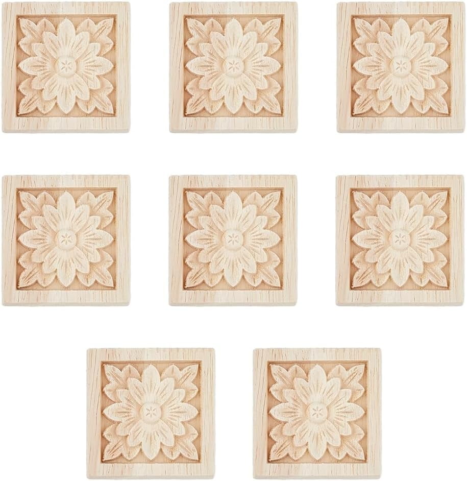 8Pcs Square with Flower Furniture Applique 2.36"x2.36" Wood Carved ...