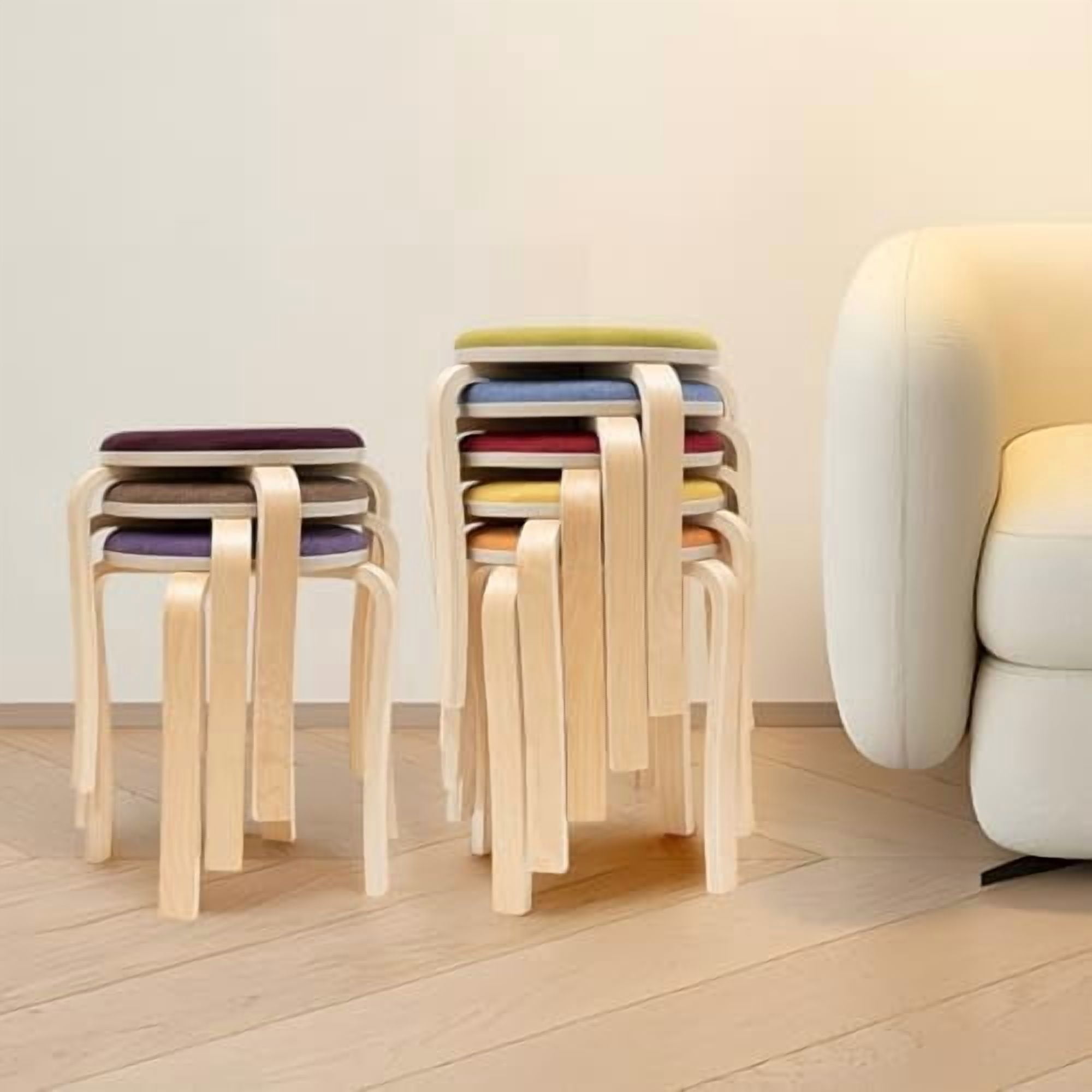 8Pcs Stackable Bentwood Stools, Round Upholstered Wood Stool with 4 ...