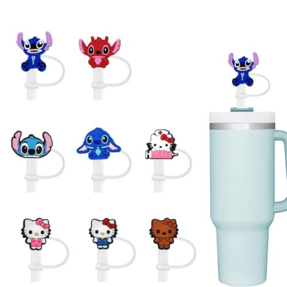 8Pcs Straw Covers Cap for Stanley Cup, Cute Stitch Hello Kitty Silicone ...