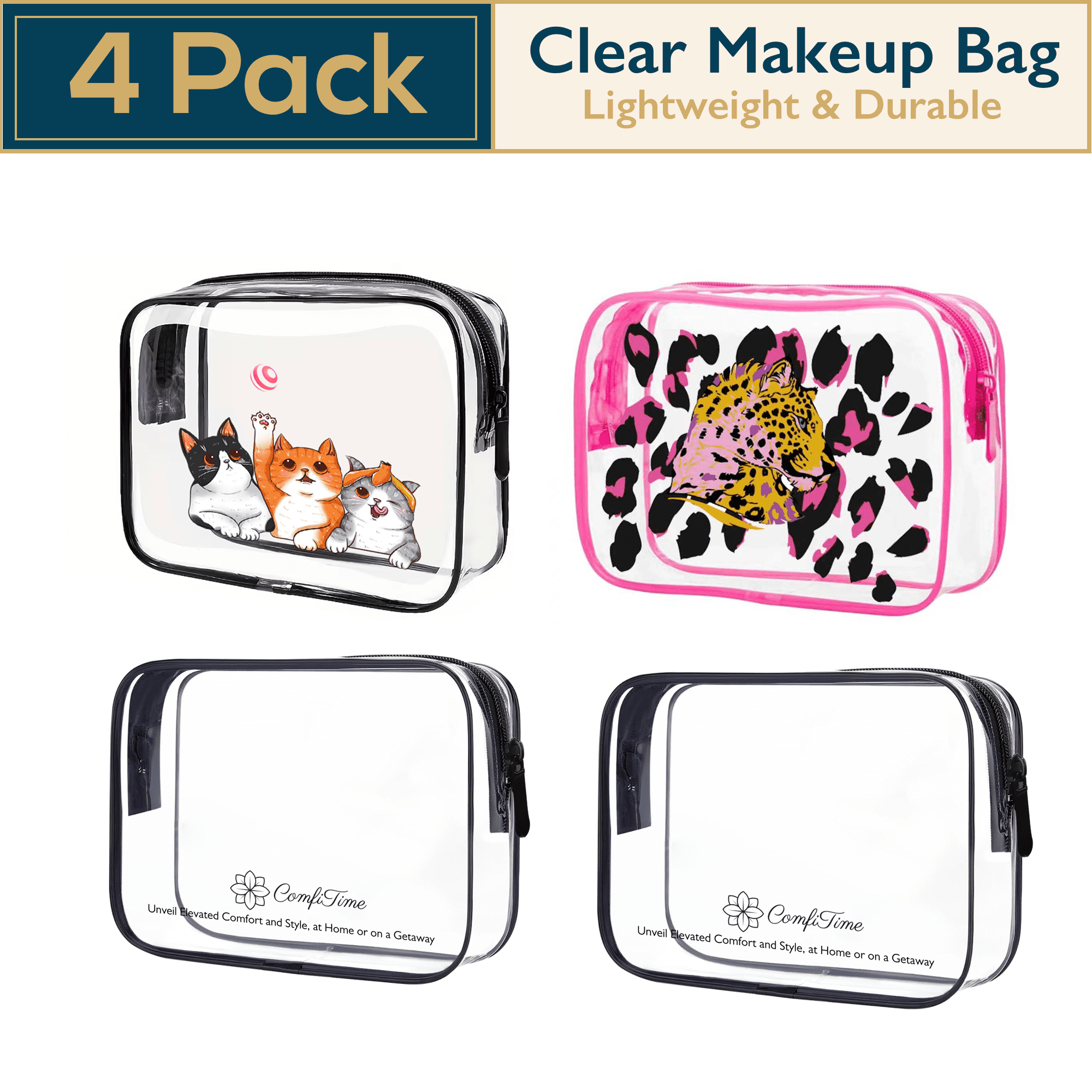 ComfiTime Clear Makeup Bag – 4Pack TSA Approved Travel Toiletry ...