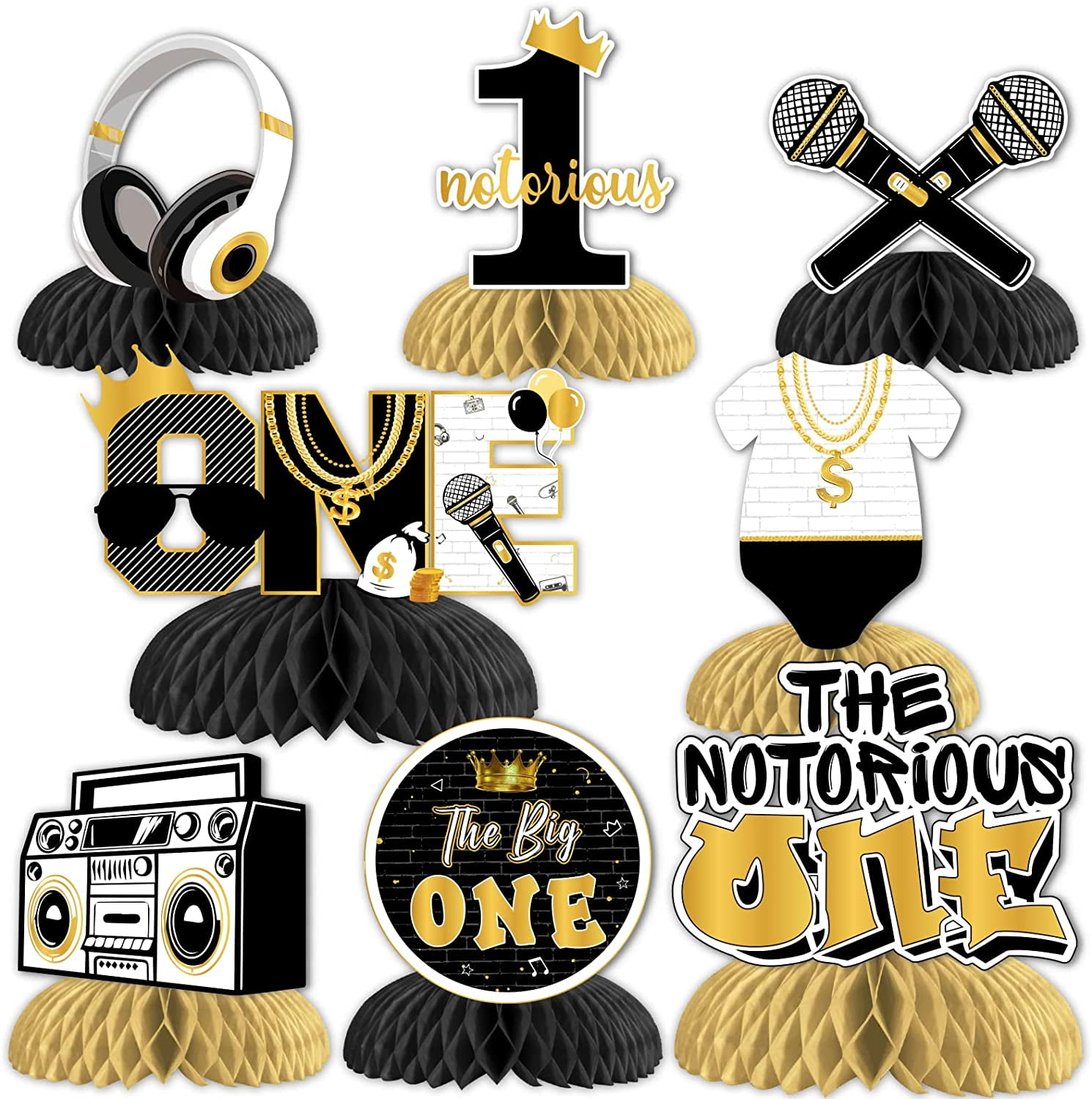 8Pcs The Notorious One Birthday Decorations, Black Gold 1st Birthday ...