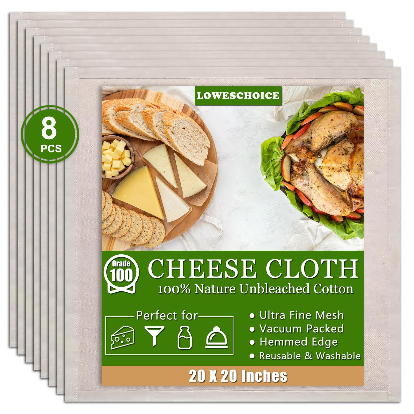 8Pcs Unbleached Cotton Cheese Cloth, Grade 100 Tight Weave for Almond ...