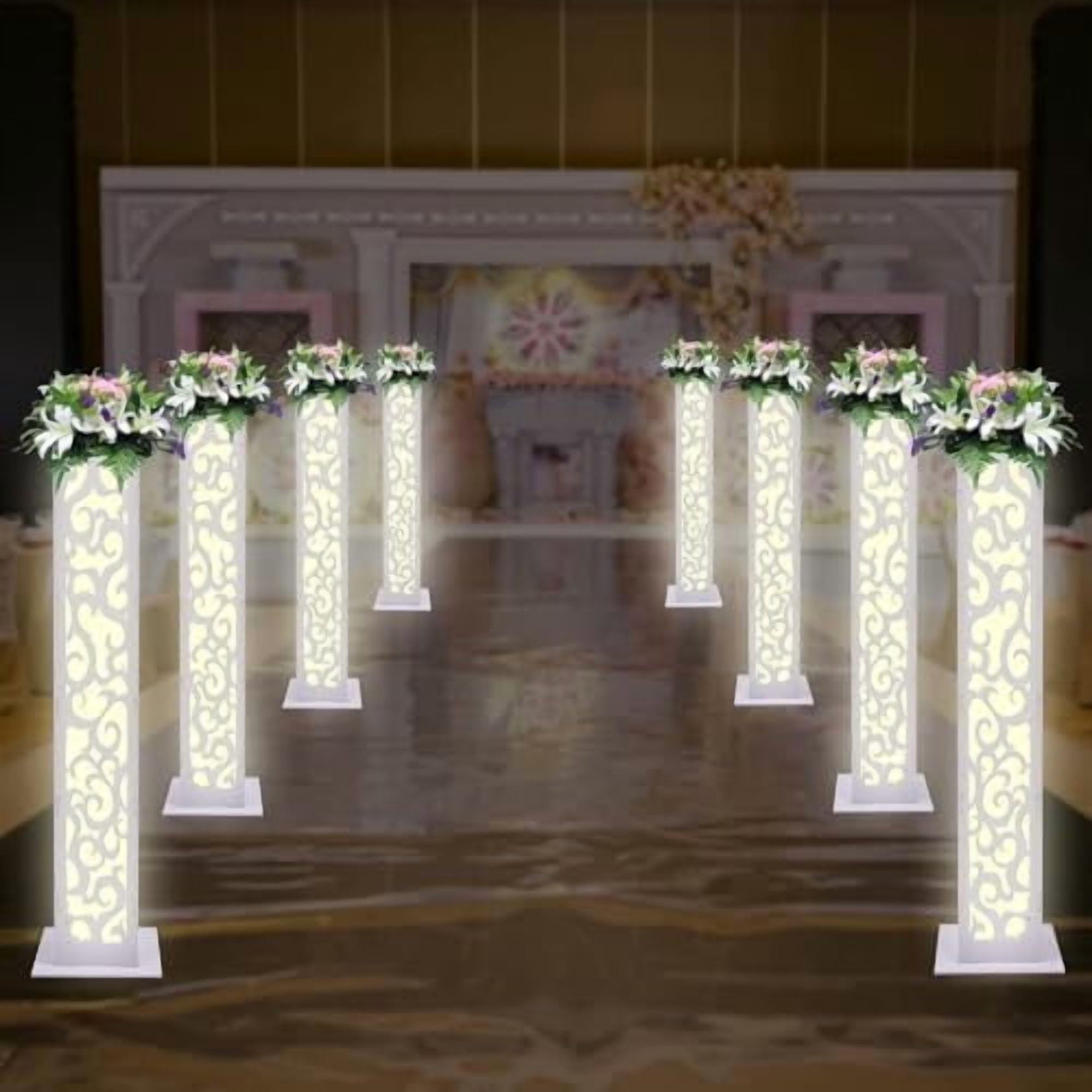 8Pcs Wedding Flower Column, White Carved Pillars with LED Lights, 47 ...