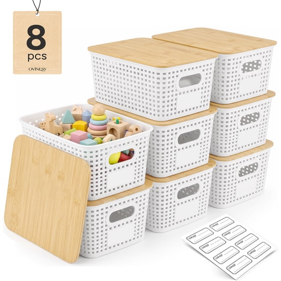 OVINESY 8 Pcs Plastic Storage Baskets with Lids, Stackable Organizer ...