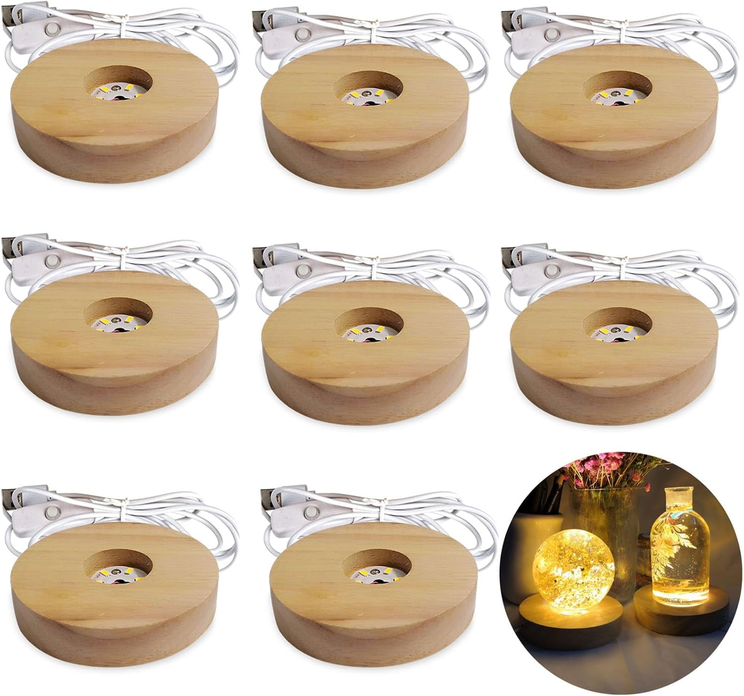8Pcs Wood LED Lights Display Bases 3.94 Inch Wooden Lamp Holders Wood ...