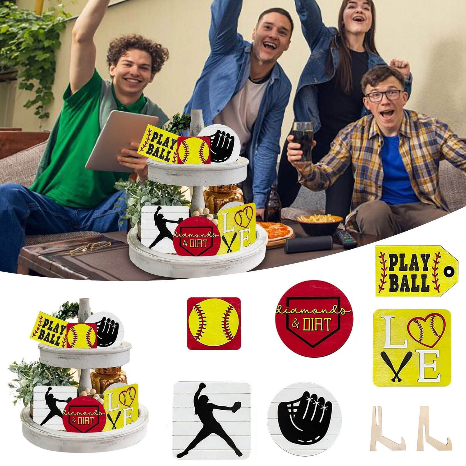 8Pcs Wooden Baseball Tiered Tray Set Home Party Decorative Wooden Sign ...