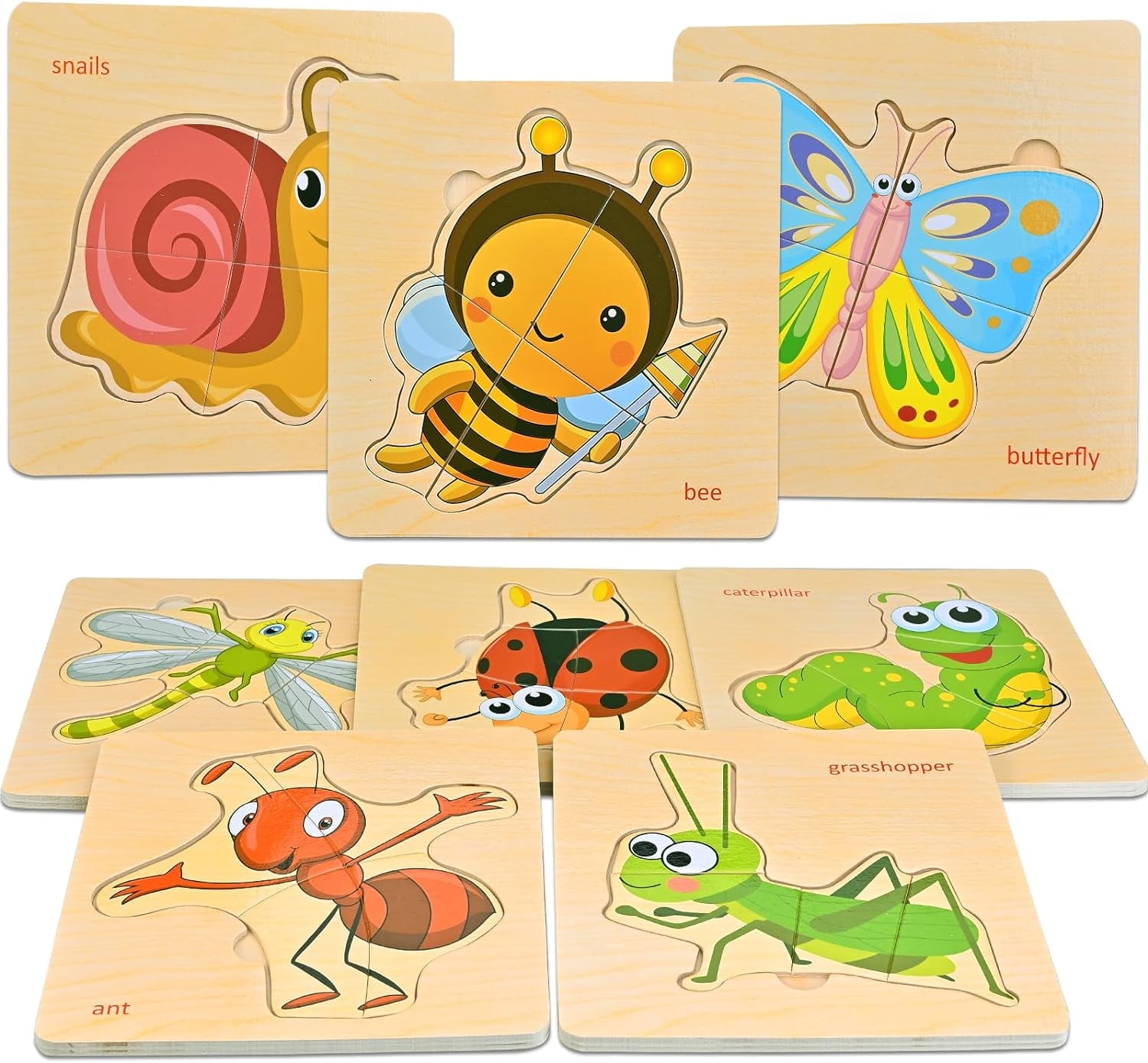 8Pcs Wooden Puzzles for Toddlers 1-3, Insect Animal Puzzle for Kids ...