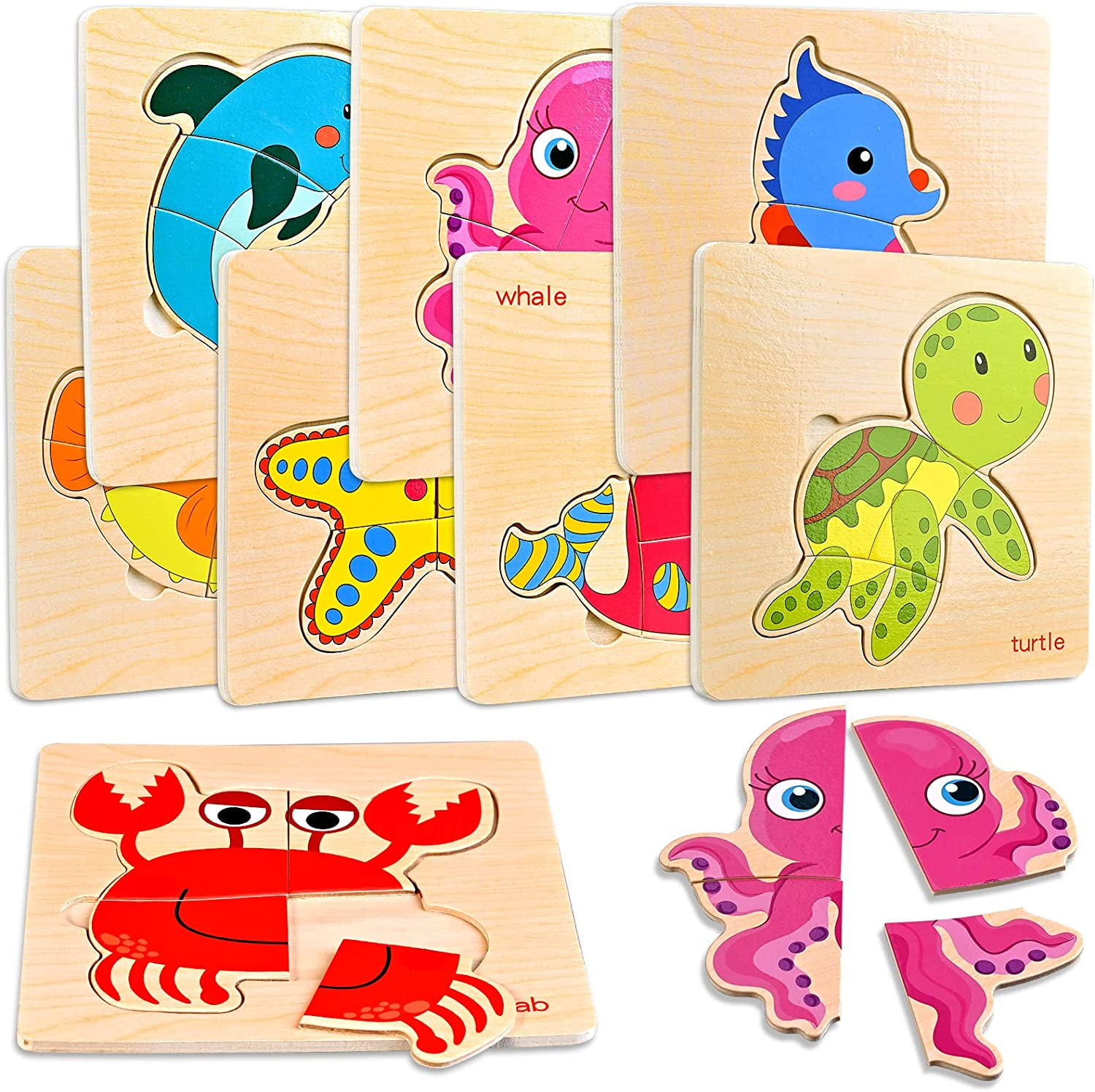 8Pcs Wooden Puzzles for Toddlers 1-3, Sea Animal Puzzle for Kids ...