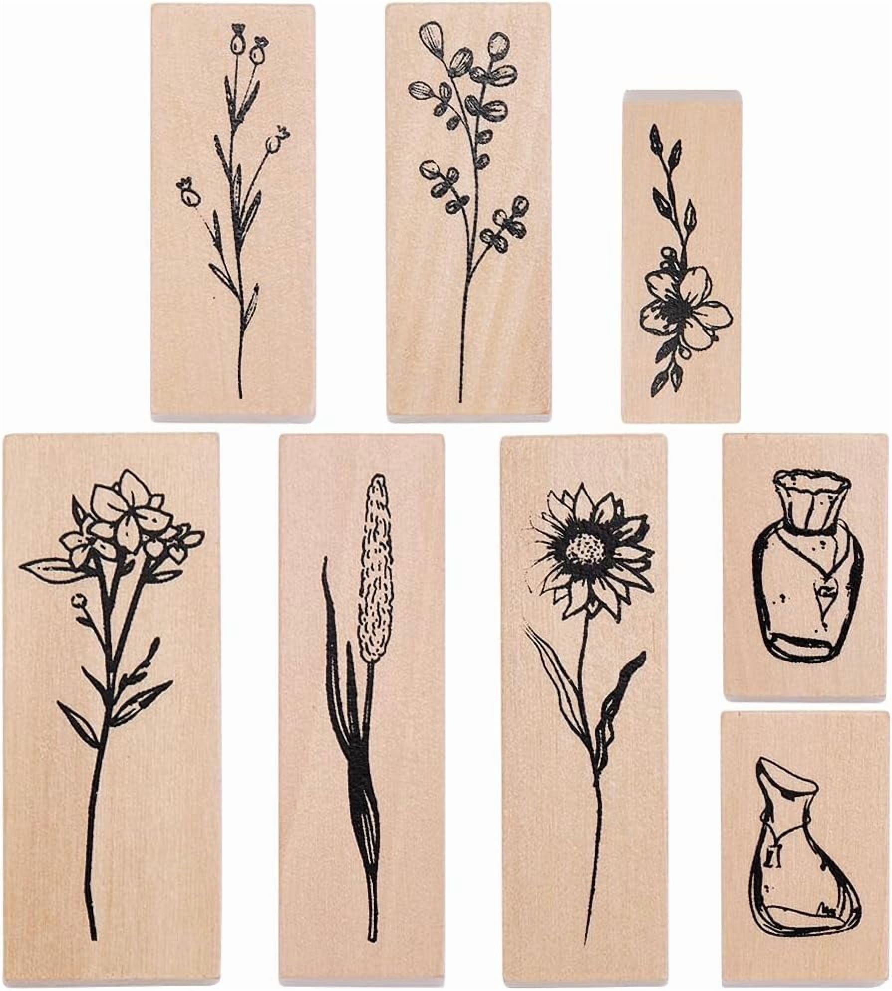 8Pcs Wooden Rubber Stamps Flower Plant Vase Floral Vintage Retro ...