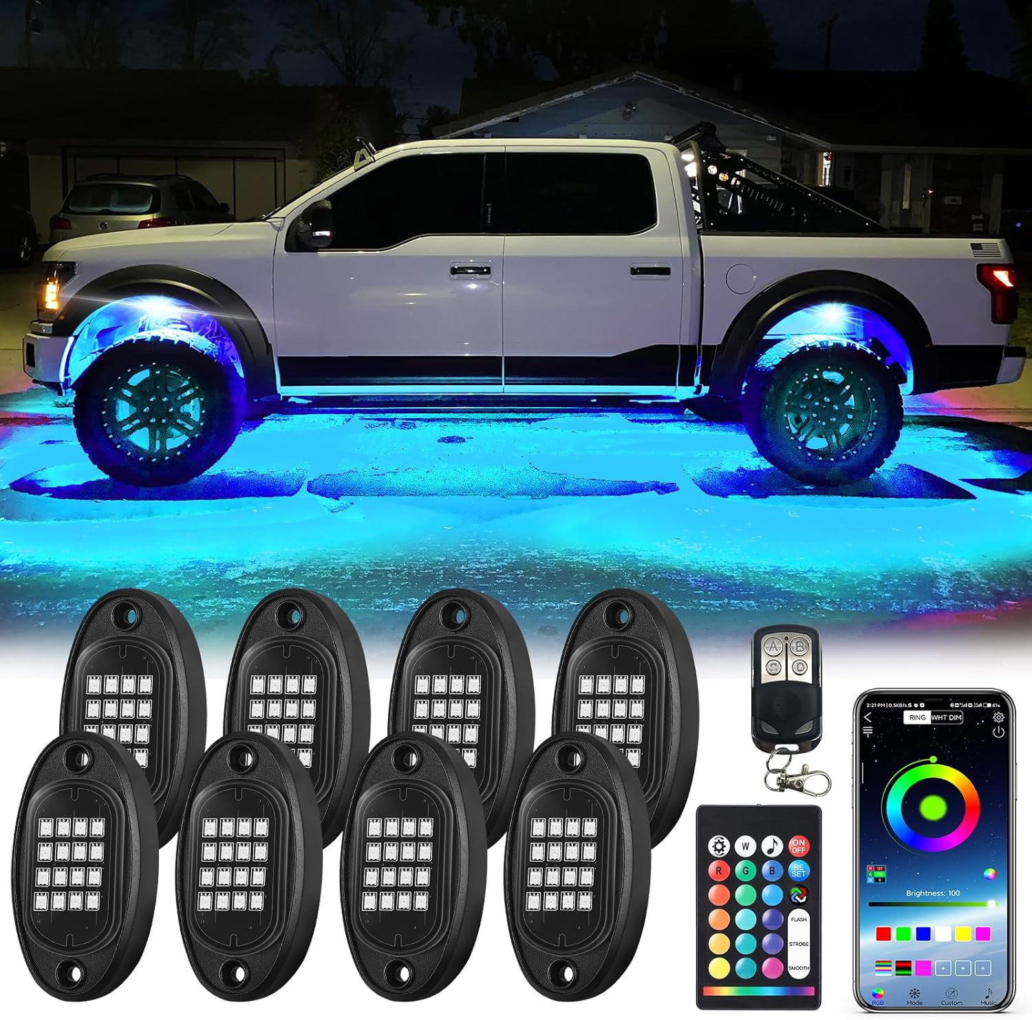 8Pods RGB LED Rock Lights with APP/RF Remote Control, Underglow Lights Multi Zone Neon Exterior ...