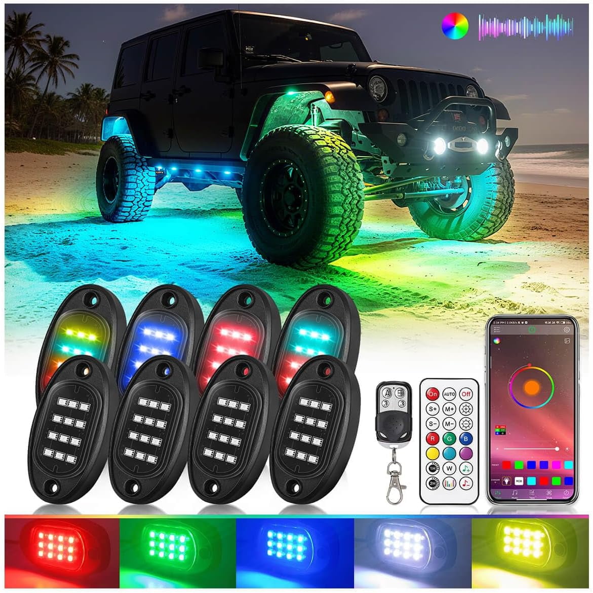 8Pods RGB LED Rock Lights for Golf Cart ATV UTV Offroad RZR SXS Four ...