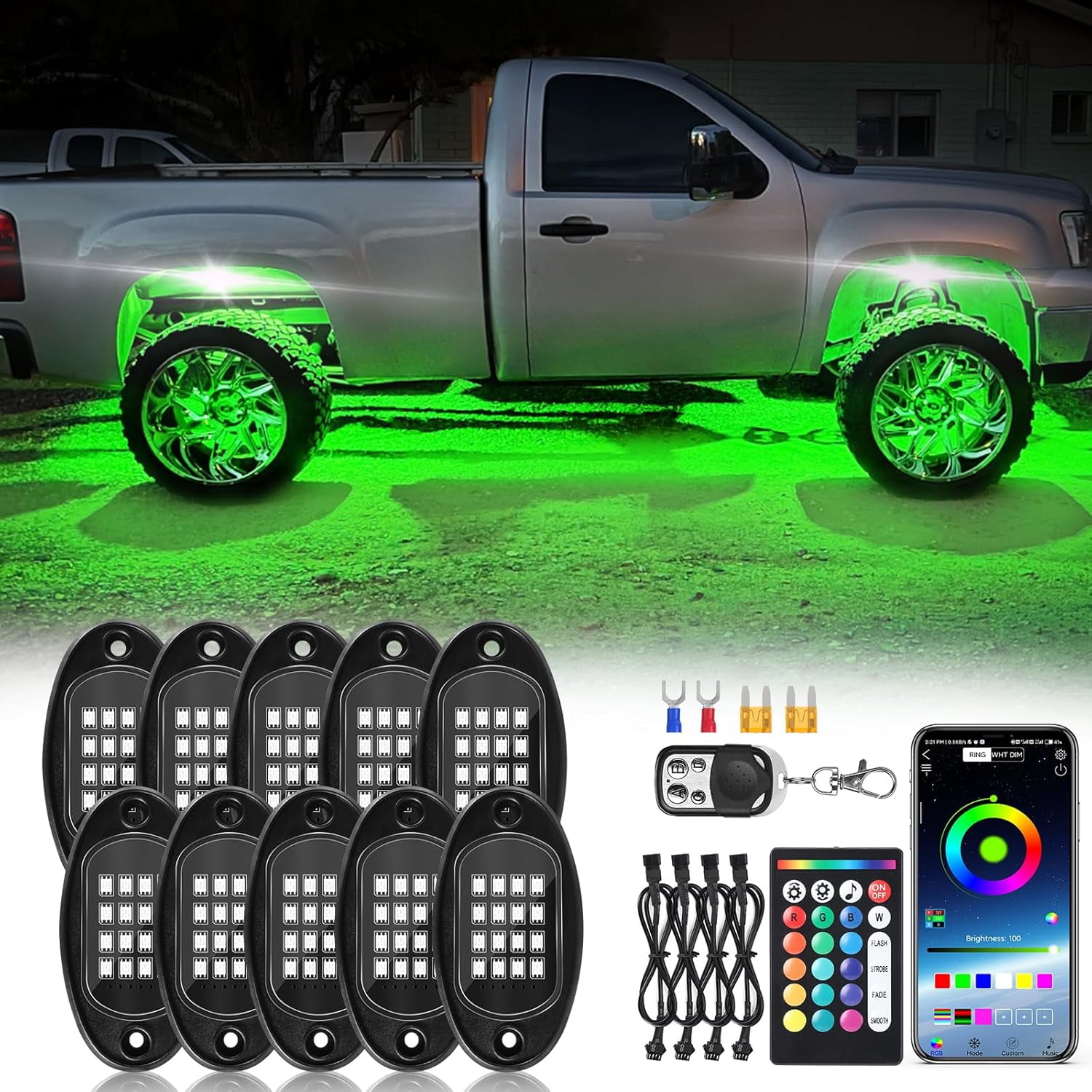 8Pods RGB LED Rock Lights Kit with APP/RF Remote Control, Car Underglow Lights with Dual Zone ...