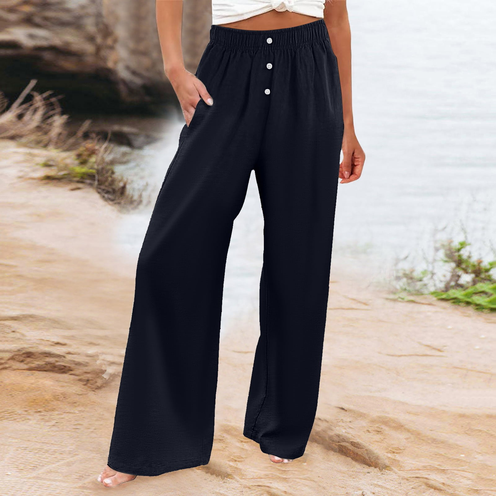 8QIDA Cotton Linen Pants for Women- Casual Solid with Pockets Linen ...