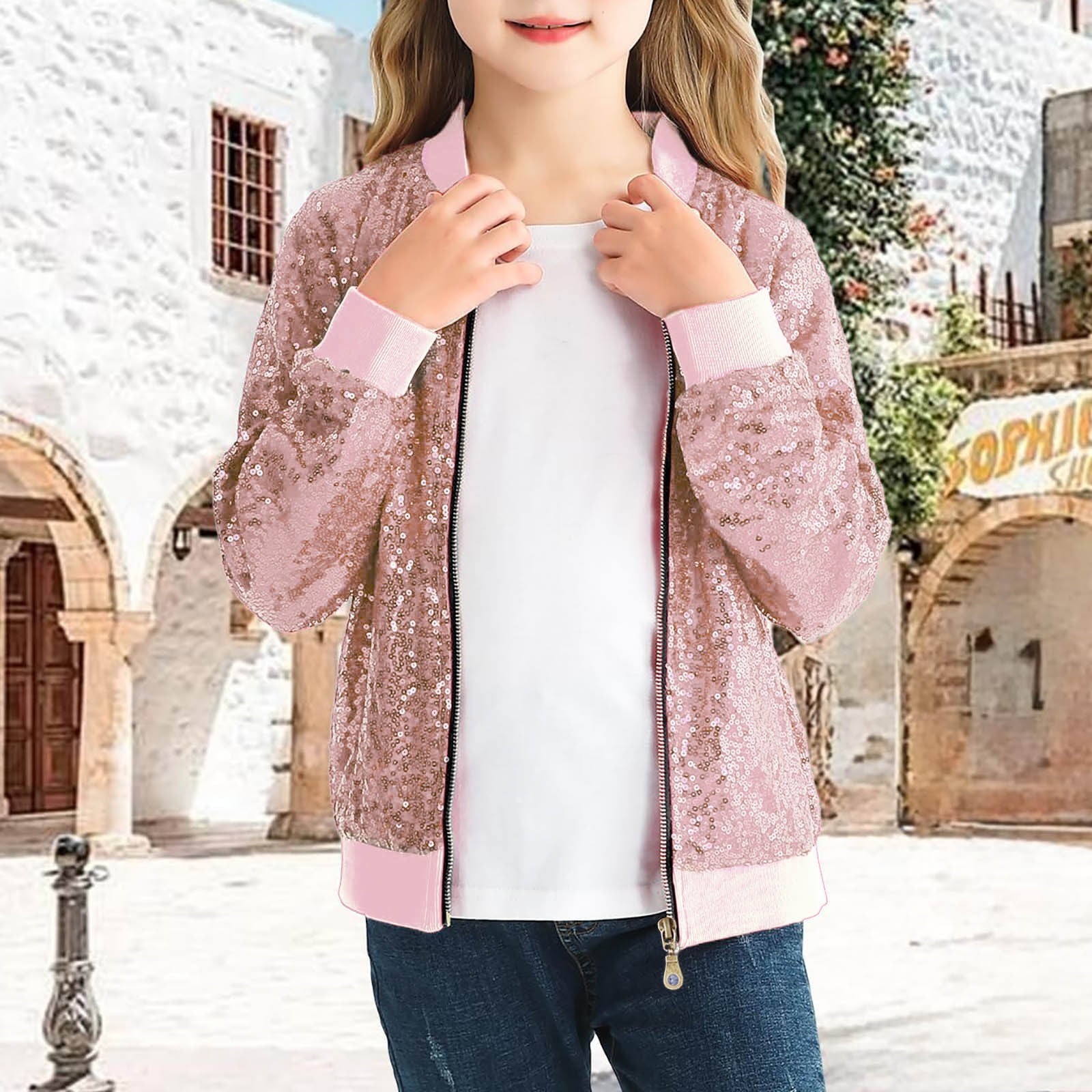 8QIDA Girls Jacket No Hood Size 16 Sequin Jackets Girls Long Sleeve Zip ...