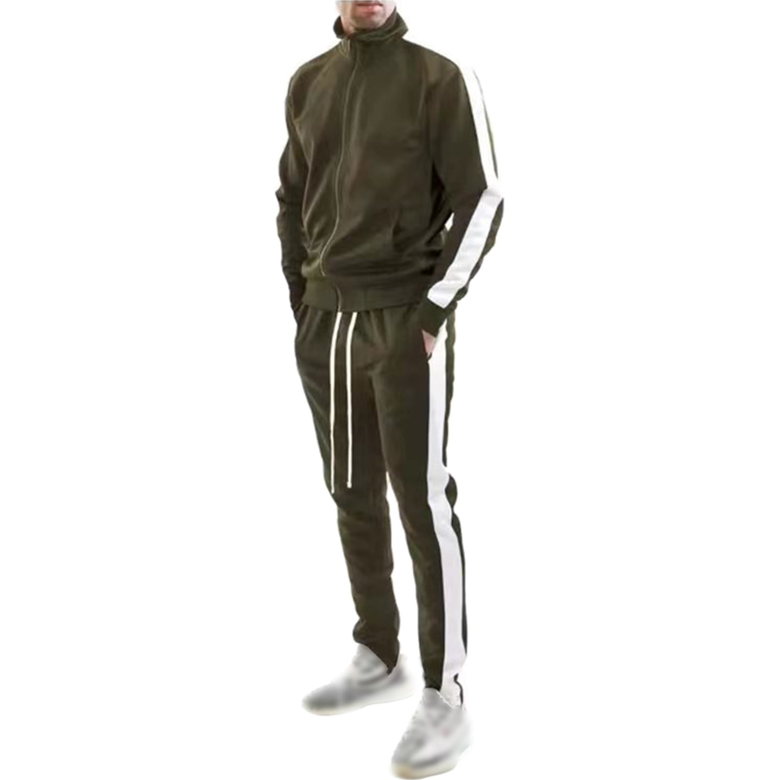 8qida Male Casual Solid Two Piece Suit Pocket Zipper Raglan Sleeve Hoodies Drawstring Zipper