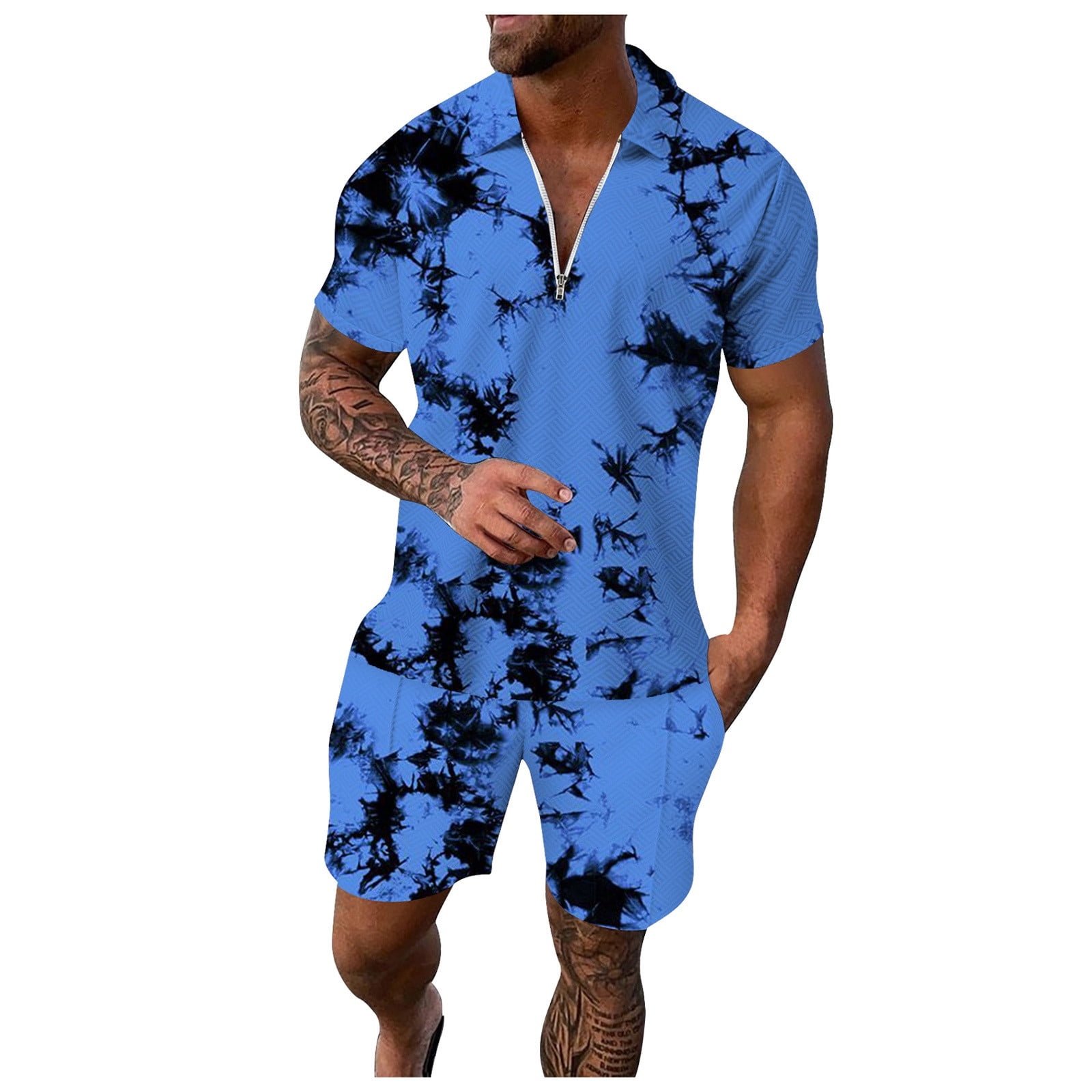 8qida Mens Casual Striped Ramp Print Two Piece Suit Zipper Short