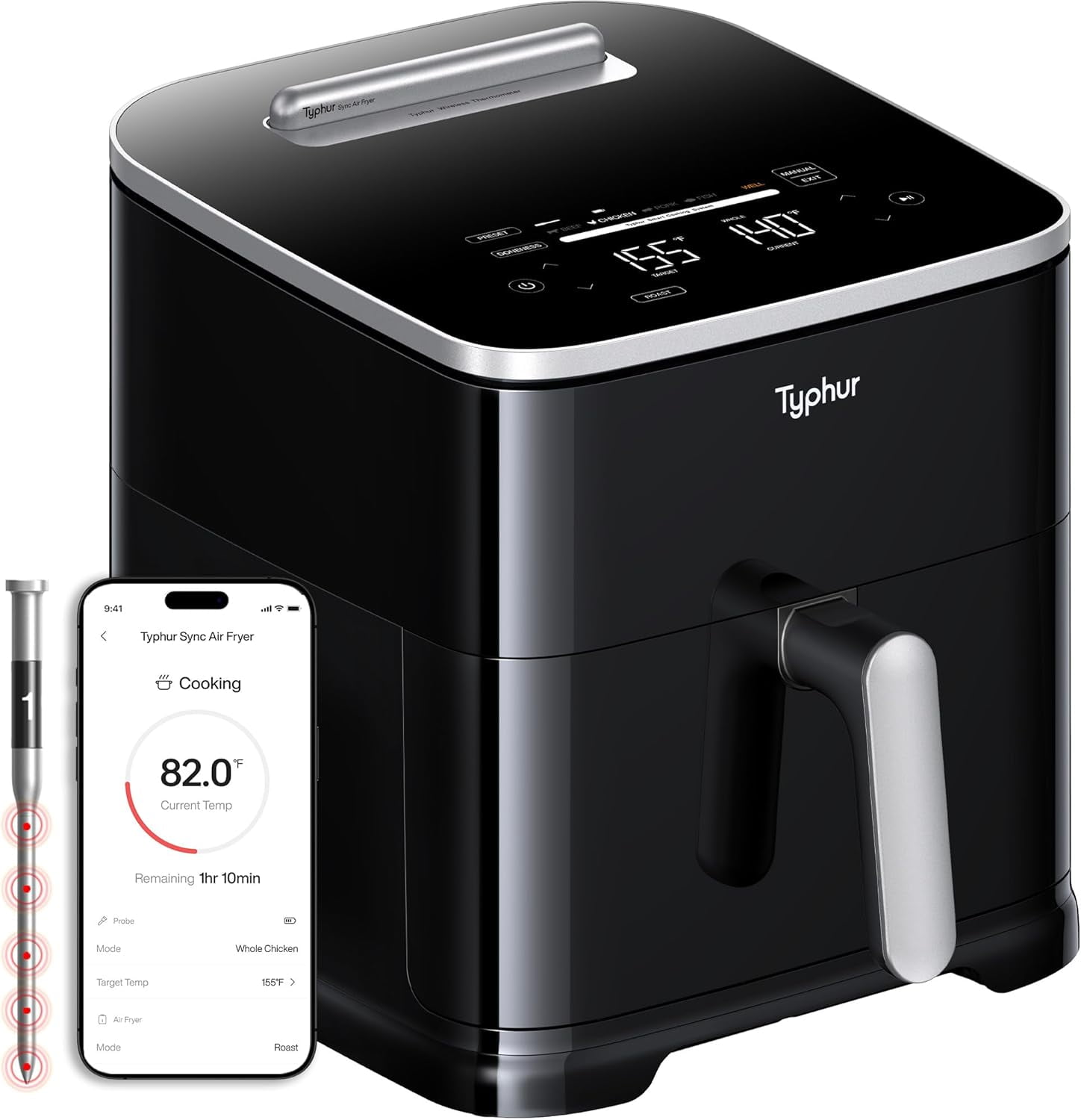 8QT Sync Air Fryer with Built-in Wireless Meat Thermometer, 9-in-1 ...