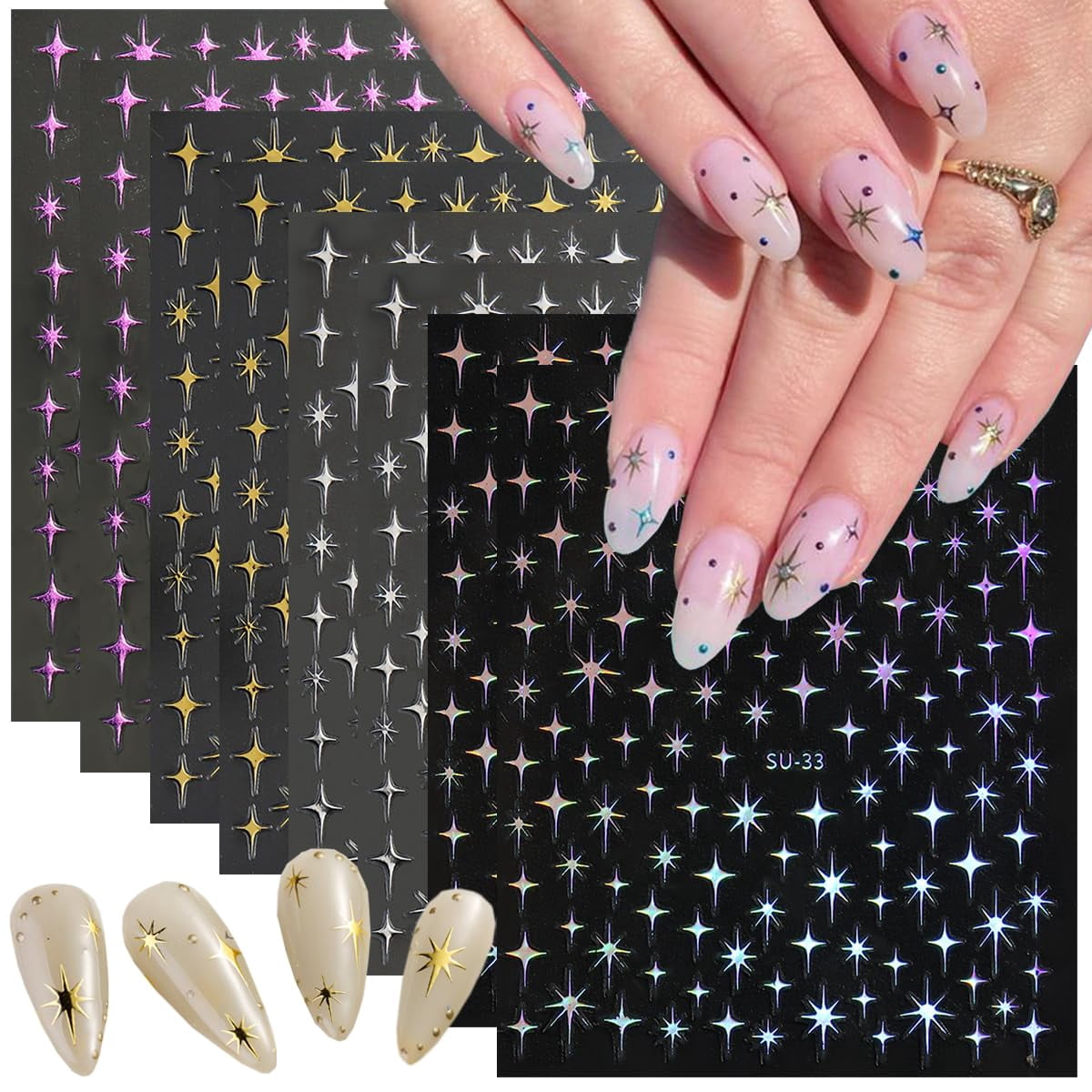 8Sheets Star Nail Art Stickers 3D Laser Gold Star Stickers for Nails ...
